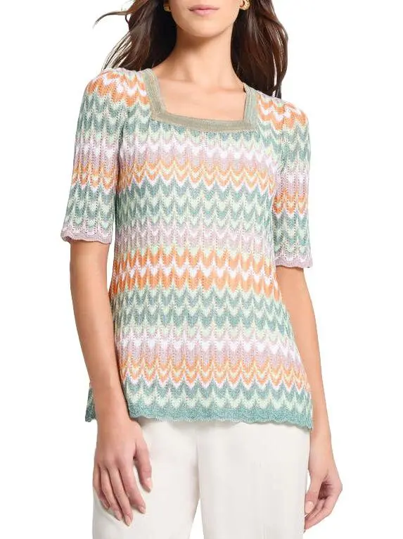 Misook Pointelle Zigzag Knit Tunic - Green/mult