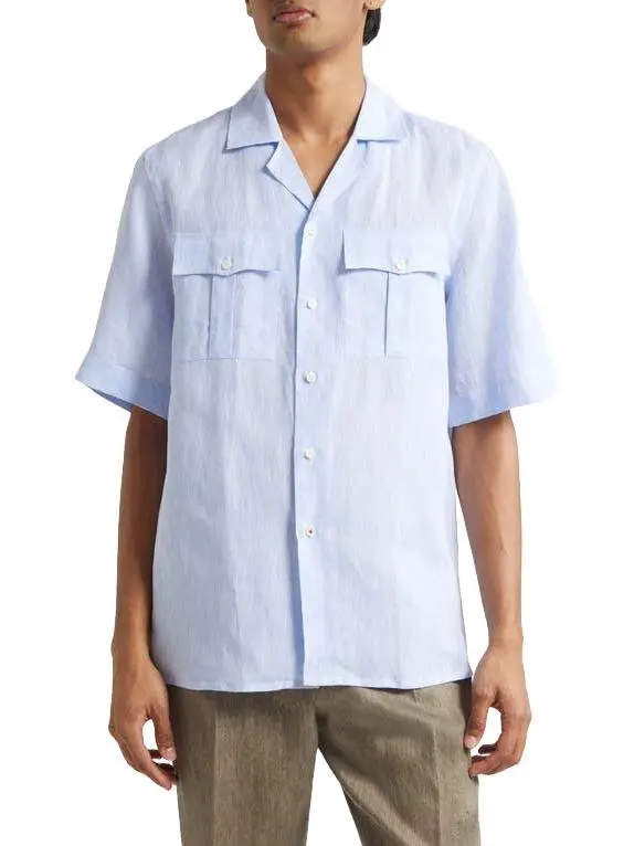 Isaia Superlino Short Sleeve Linen Button-up Shirt - Pastel Blue