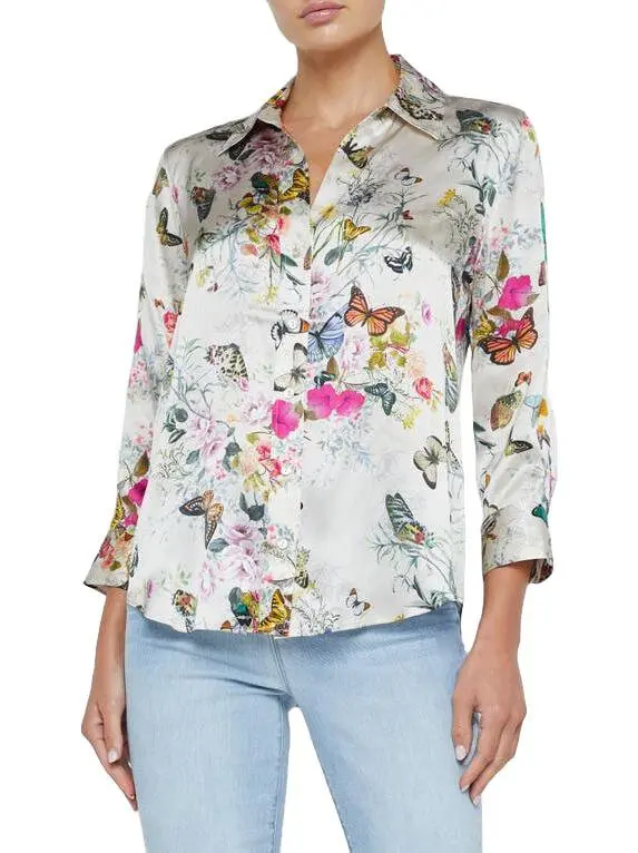 L'Agence Dani Butterfly Print Silk Shirt - White Multi Charonda Butterfly