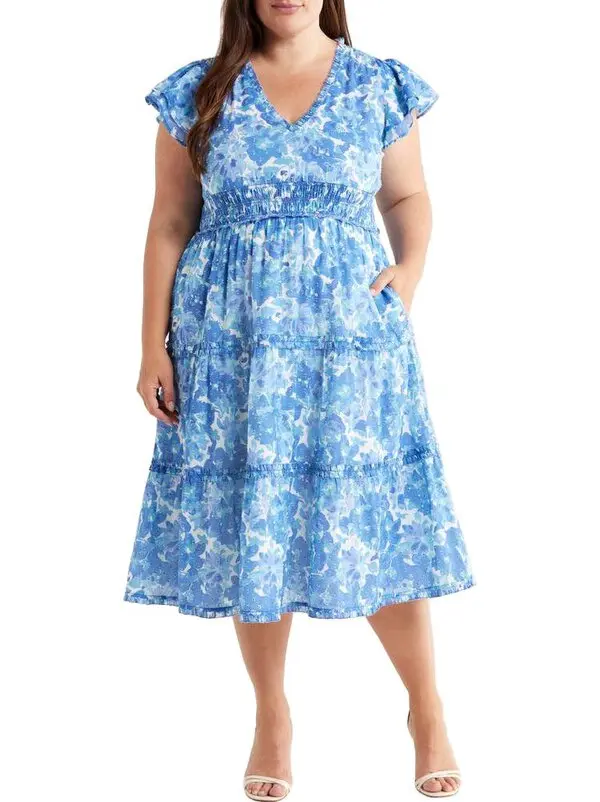 Chelsea28 Flutter Sleeve Clip Dot Tiered Midi Dress - Blue- Tiana Floral
