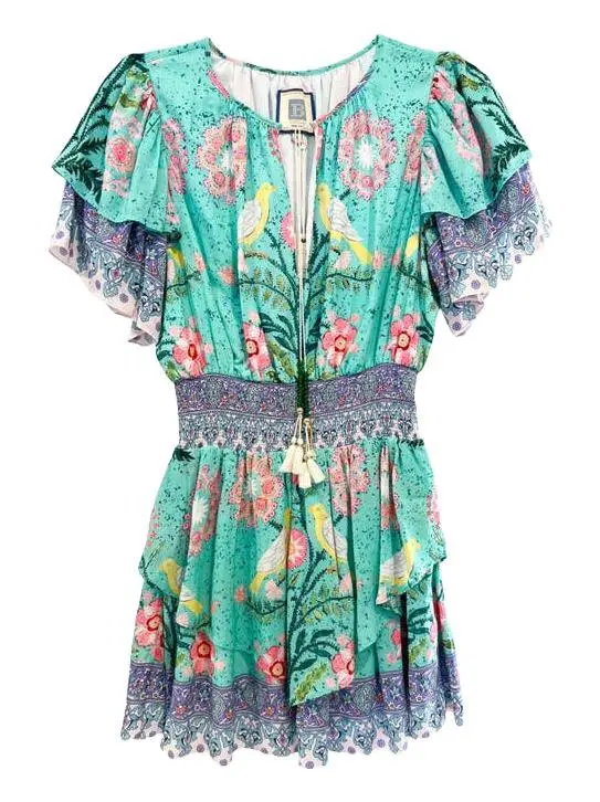 ALICIA BELL Printed Cotton & Silk Mini Dress - Green Pink Bird Print
