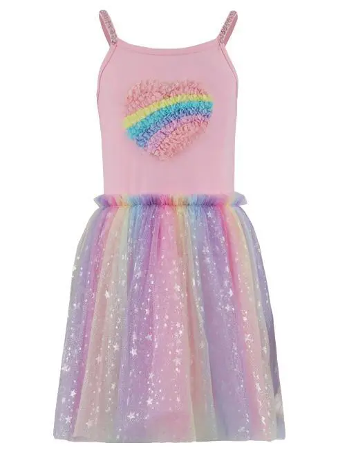 LOLA + THE BOYS 3d Rainbow Heart Shimmer Dress - Pink