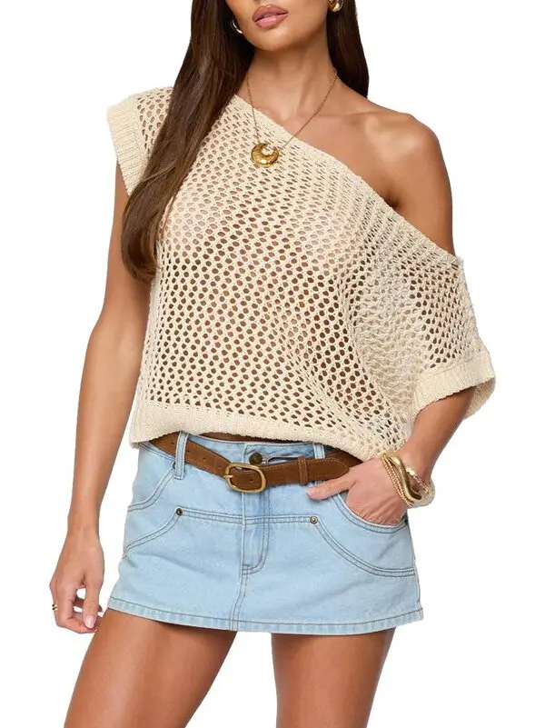 EDIKTED Open Stitch One-shoulder Sweater - Cream