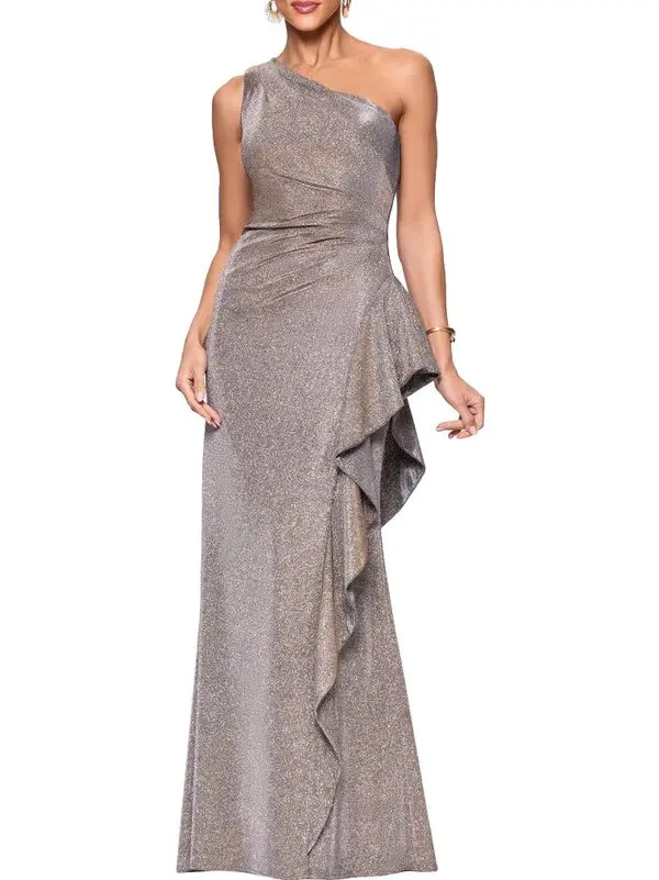 XSCAPE EVENINGS Glitter Galaxy Ruffle One-shoulder Gown - Metallic Sand