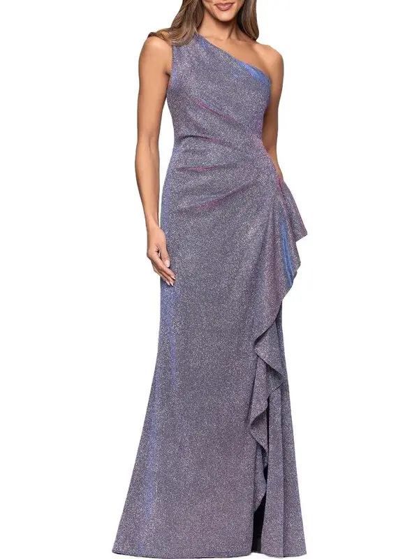 XSCAPE EVENINGS Glitter Galaxy Ruffle One-shoulder Gown - Navy/silver