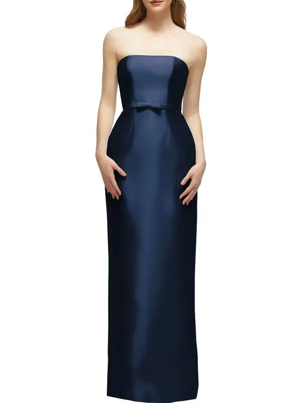 Alfred Sung Strapless Bow Belt Satin Twill Column Gown - Midnight