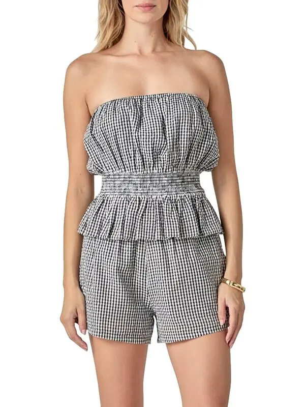 English Factory Gingham Strapless Peplum Top - Black/ White
