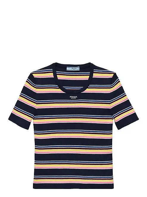 Prada Striped Knitted Cotton Jumper - Blue