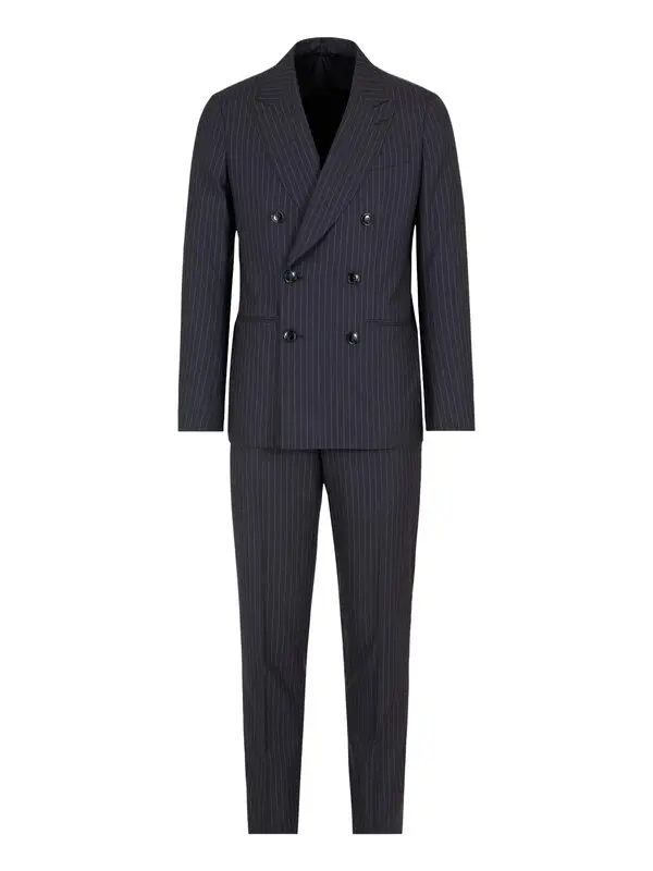 Giorgio Armani Napoli Line Double-breasted Pinstriped Suit In Virgin Wool - Blue