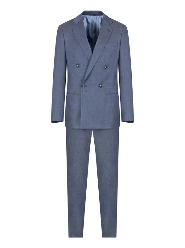 Giorgio Armani Soho Line Double-breasted Denim-effect Cashmere And Stretch Cotton Suit - Blue