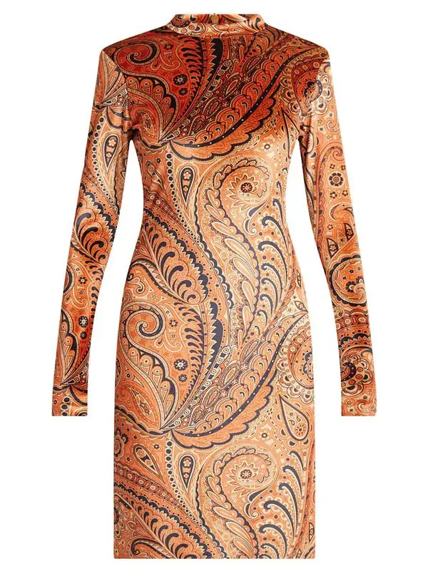 Etro Velvet Paisley Long-sleeve Midi Dress - Beige