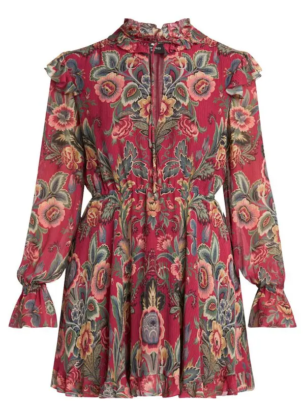 Etro Printed Silk-blend Mini Dress With Ruffled Trim - Print On Bordeaux Ba