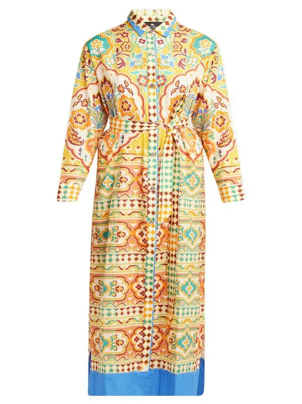 Etro Tile-print Belted Midi Shirtdress - Print On Yellow Base