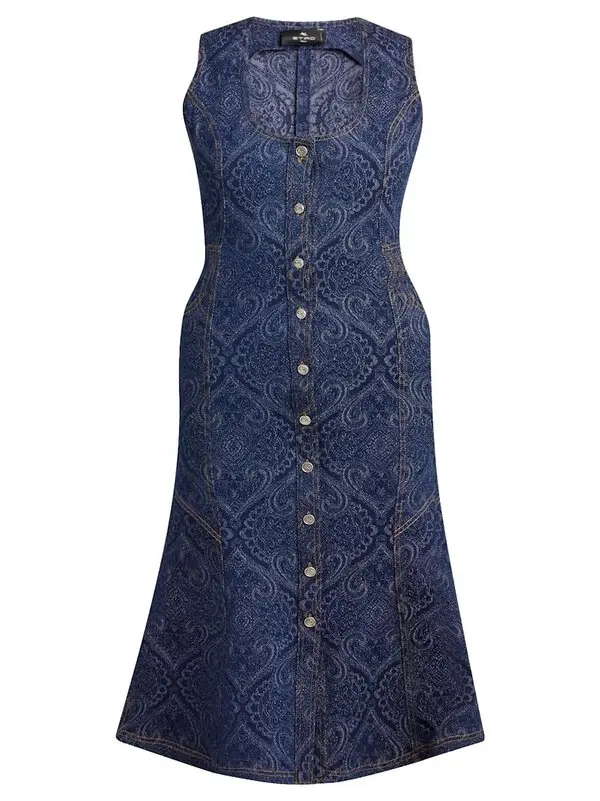 Etro Button-front Denim Paisley Midi Dress - Dark Blue 3