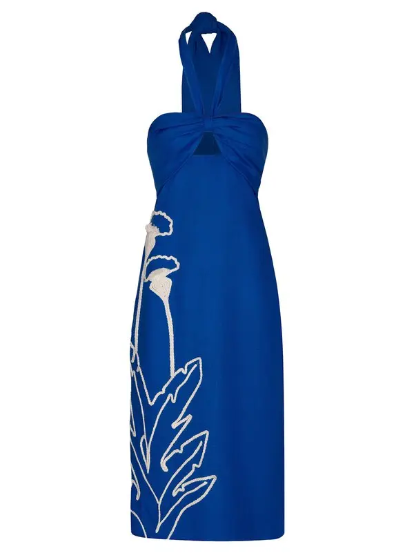 ANDRES OTALORA Inoportuna Embroidered Linen Midi Dress - Blue