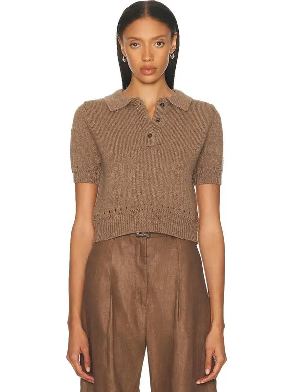Matthew Bruch Eyelet Trim Knit Polo Top - Brown