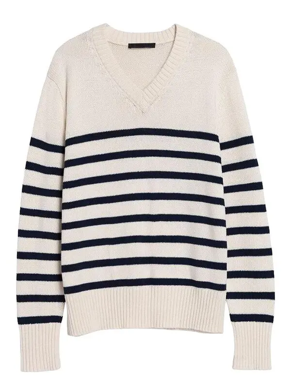 Jenni Kayne Cotton Cate V-neck Sweater - Ivory & Navy Stripe