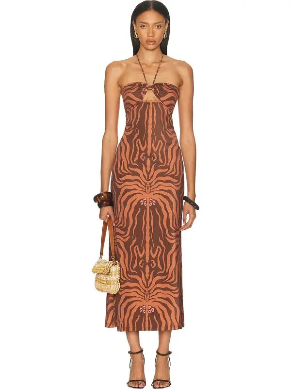 Johanna Ortiz Jungle Palms Midi Dress - Dark Chocolate & Camel