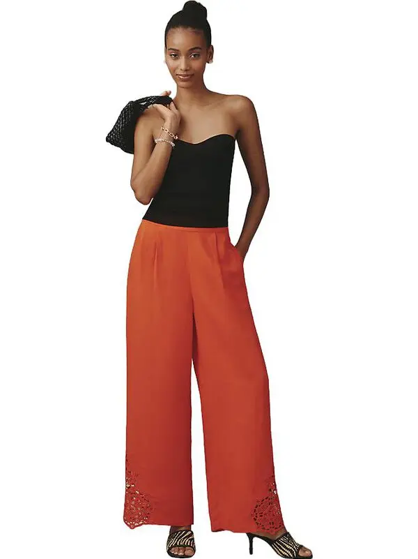 RANNA GILL Linen Blend Embroidered Wide-leg Pants - Flame