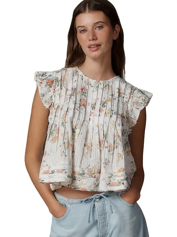 PILCRO Pleated Short-sleeve Top - Ivory Floral
