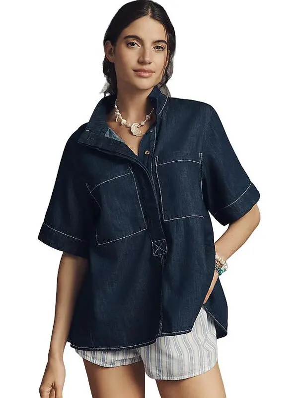 Maeve The Jeannie Short-sleeve Henley Blouse - Dark Denim