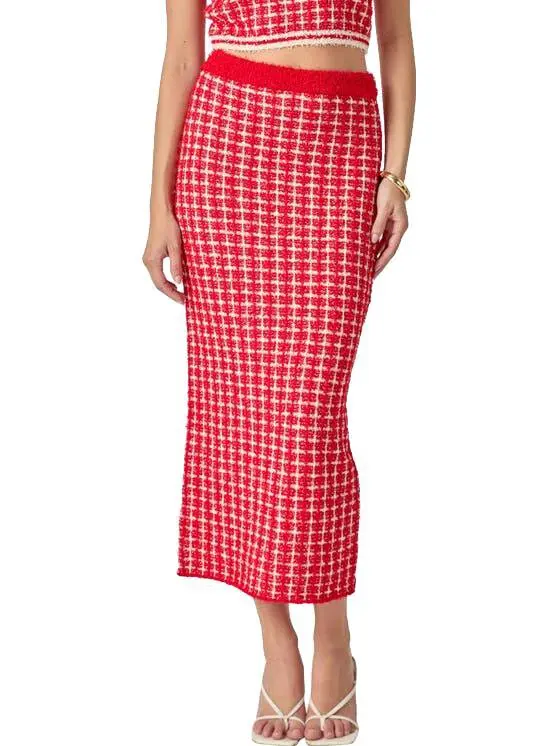 Endless Rose Tweed Check Column Skirt - Red/ Cream