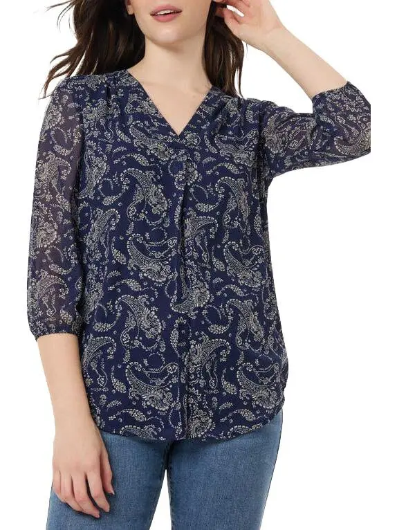 Jones New York Print Front Pleat Top - Pacific Navy/ Jones White