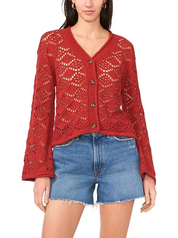Vince Camuto Pointelle V-neck Long Sleeve Cardigan - Chili