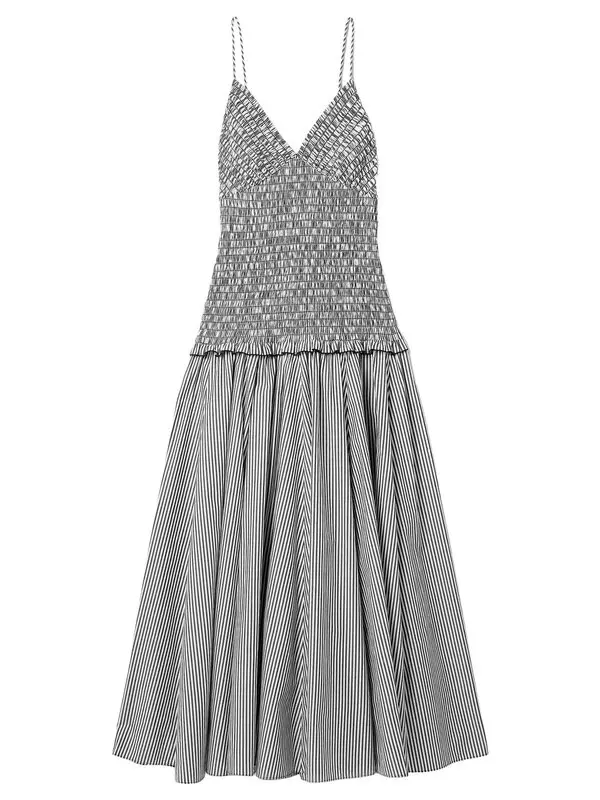 Brandon Maxwell The Josie Shirred Striped Cotton Midi Dress - Gray