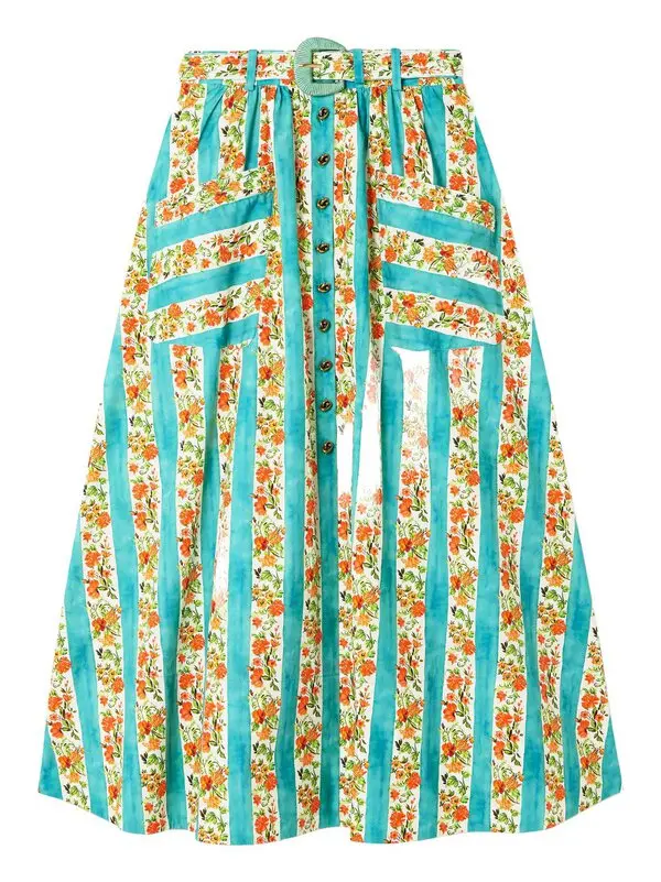 Saloni Kirat Belted Floral-print Midi Skirt - Blue