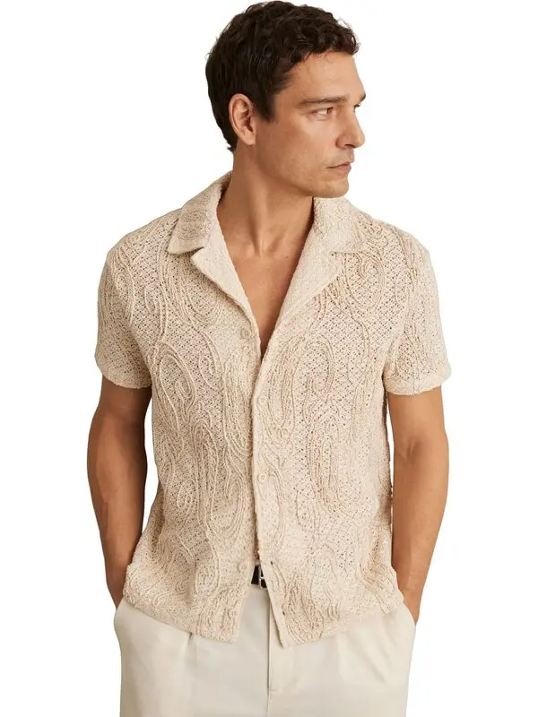 REISS Finn Cotton-blend Embroidered Crochet Shirt - Oatmeal