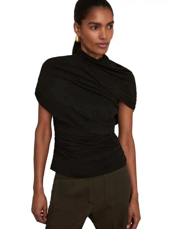 REISS Stretch Lyocell Draped Top - Black