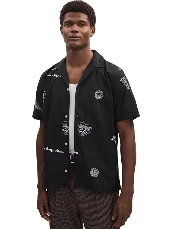 LES DEUX Cotton Embroidered Shirt - Black Print