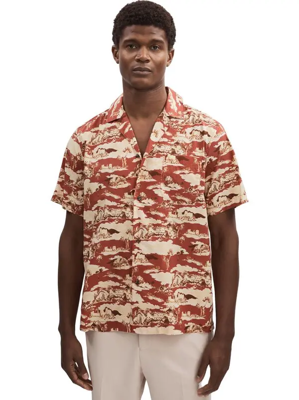 LES DEUX Ruins-print Cuban-collar Shirt - Red