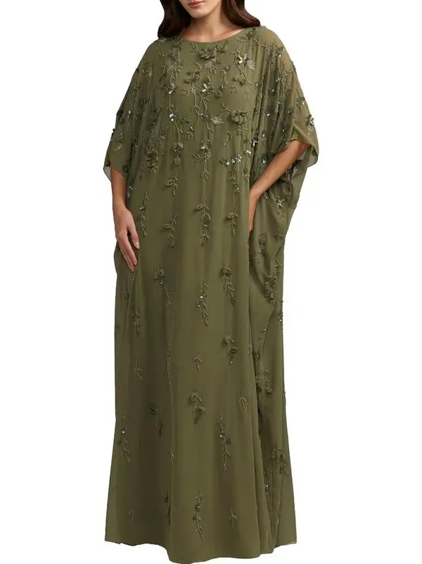 Mac Duggal Embellished Mesh High Neck Trapeze Gown - Olive