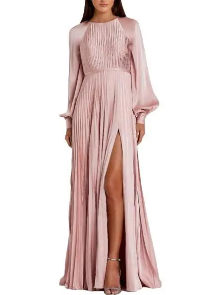 Mac Duggal Pleated High Neck Raglan Long Sleeve Side Slit Gown - Blush