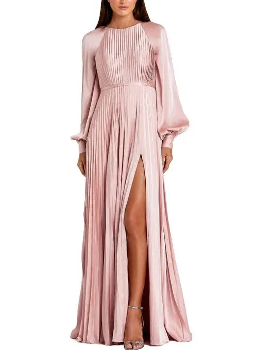 Mac Duggal Pleated High Neck Raglan Long Sleeve Side Slit Gown - Blush