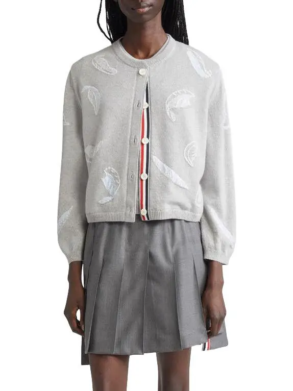 Thom Browne Feather Intarsia Cashmere Cardigan - Pale Grey