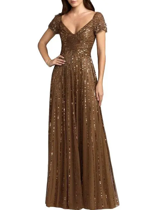 Mac Duggal Beaded V-neck Gown - Chocolate