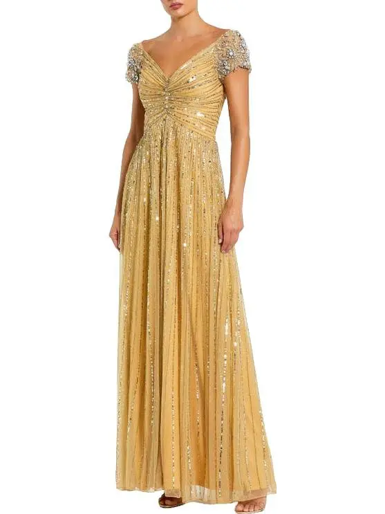 Mac Duggal Striped Sequin Mesh Gown With Beaded Shoulders - Gold
