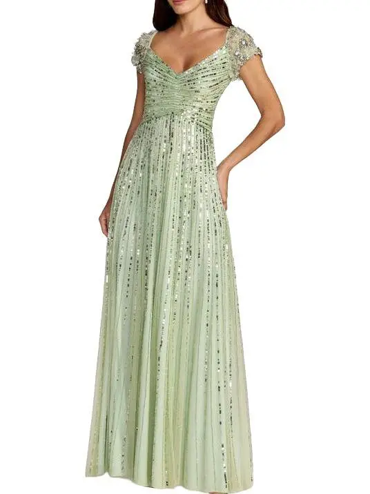 Mac Duggal Beaded Cap Sleeve V-neck A-line Evening Gown - Sage