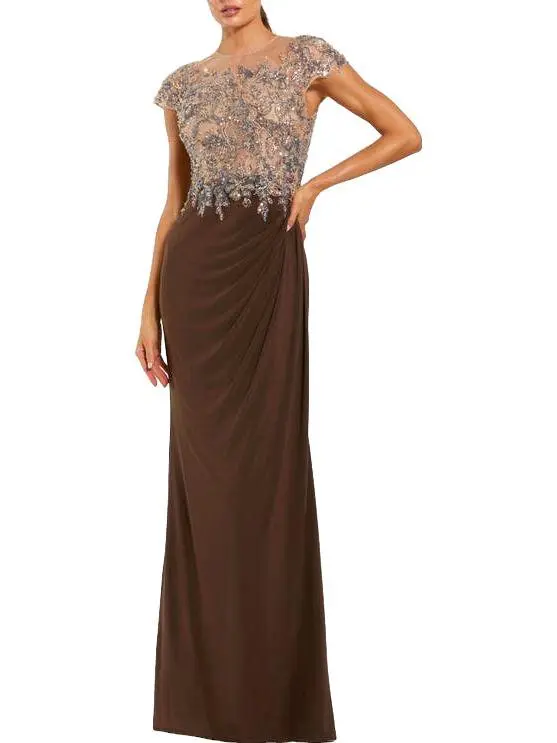 Mac Duggal Crystal-embellished Evening Gown With Sheer Bodice - Chocolate