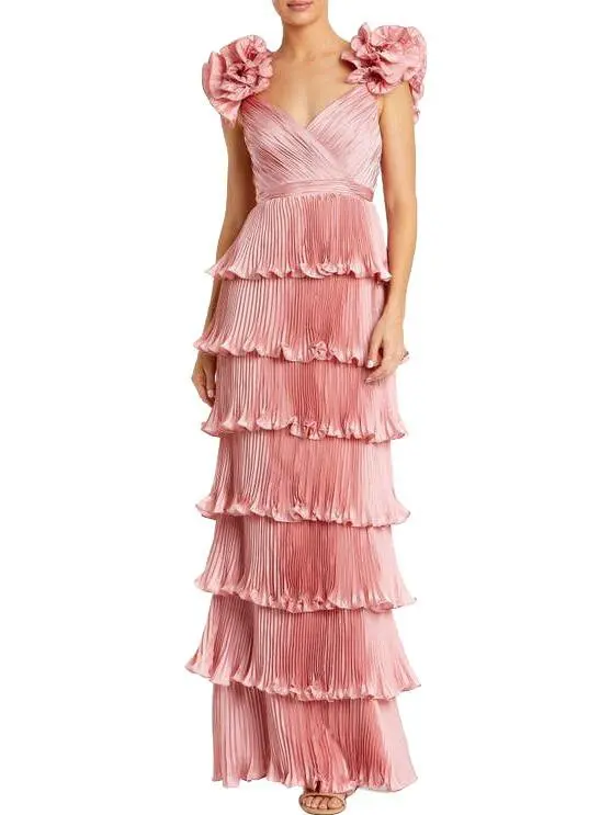 Mac Duggal Pleated Charmeuse Tiered Gown With Ruffle Straps - Rose