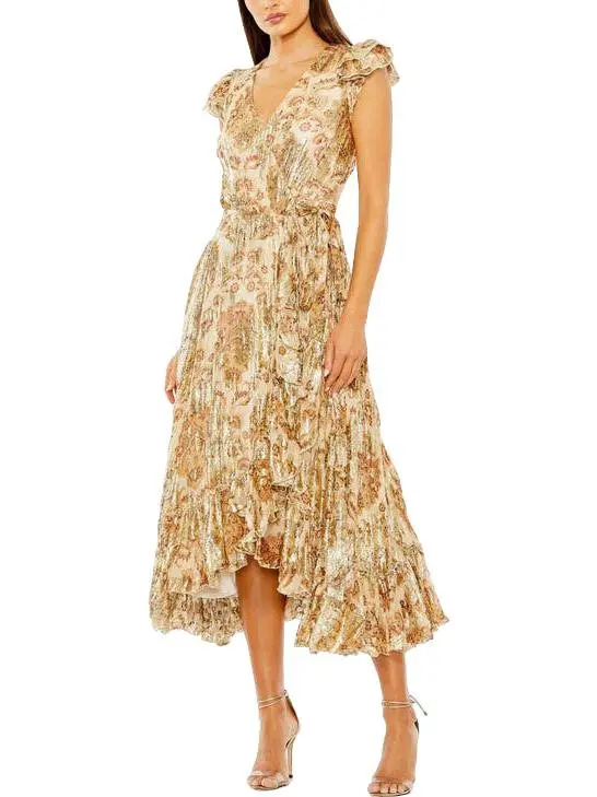 Mac Duggal Flutter Sleeve Floral Wrap Midi Dress - Cream Multi