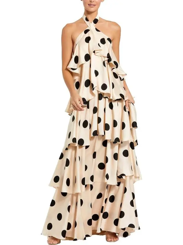 Mac Duggal Polka Dot Charmeuse Halter Gown - Cream Black