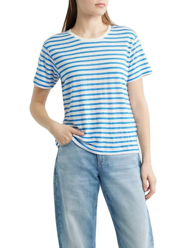 ALEX MILL Garcon Stripe Linen Blend T-shirt - Blue/ Off White