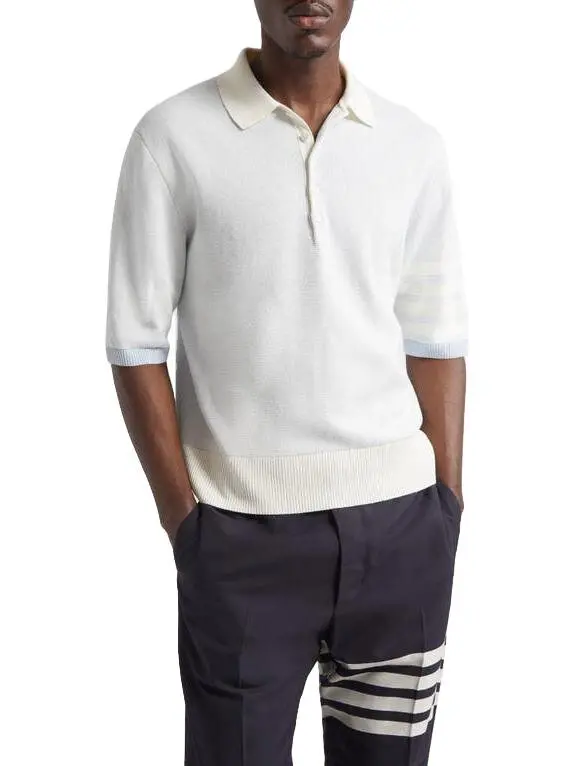 Thom Browne Relaxed Fit 4-bar Textured Stripe Linen & Cotton Polo Sweater - Light Blue