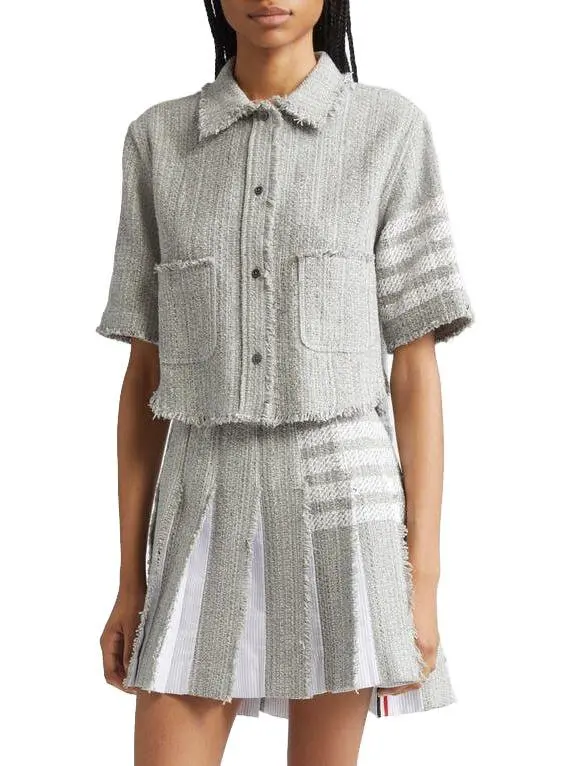 Thom Browne 4-bar Short Sleeve Eyelash Tweed Crop Shirt Jacket - Medium Grey