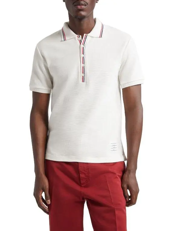 Thom Browne Stripe Trim Waffle Stitch Polo - Natural White
