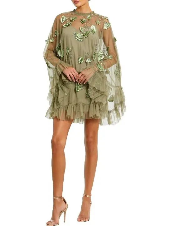 Mac Duggal Embellished Long Sleeve Mini Dress - Sage